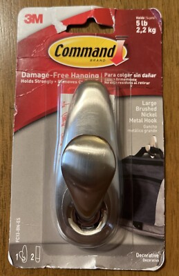 Command Adhesive Mount Metal 1 Hook Large Brushed Nickel Finish New | eBay