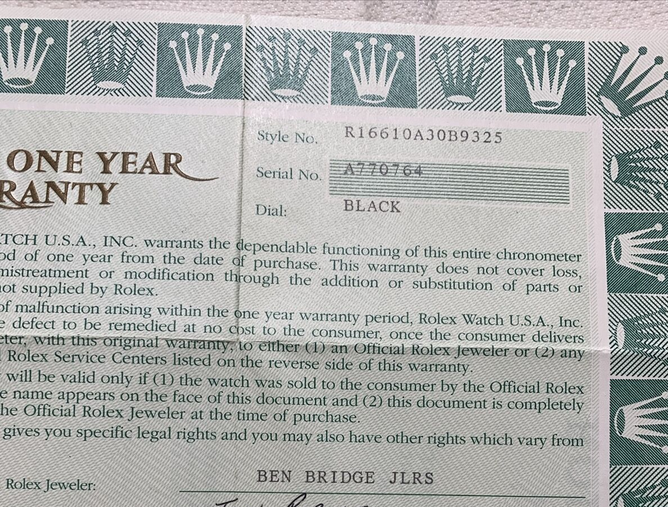 Rolex Watch Paper Document Serial no. A770764 Black Dial 2000 Authentic ...