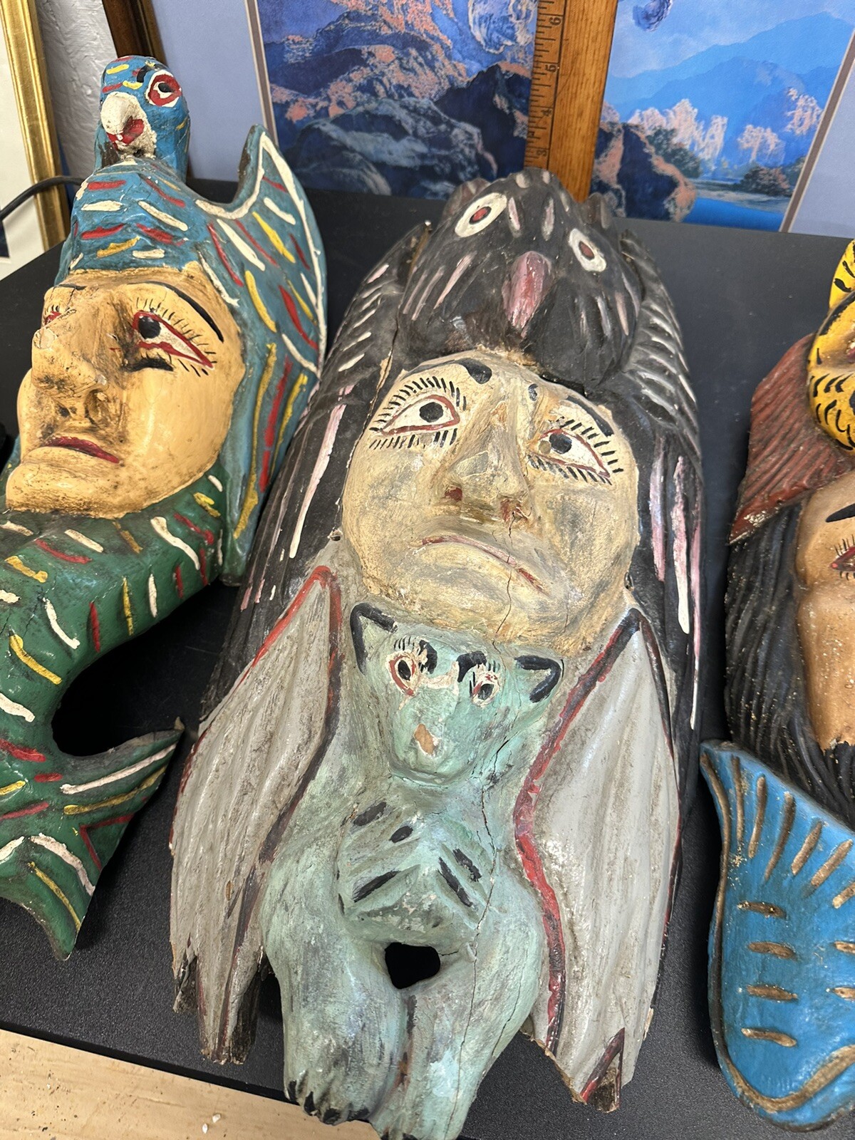Five (5) Vintage Wood Folk Art Hand Carved & Painted Masks - Totems ...