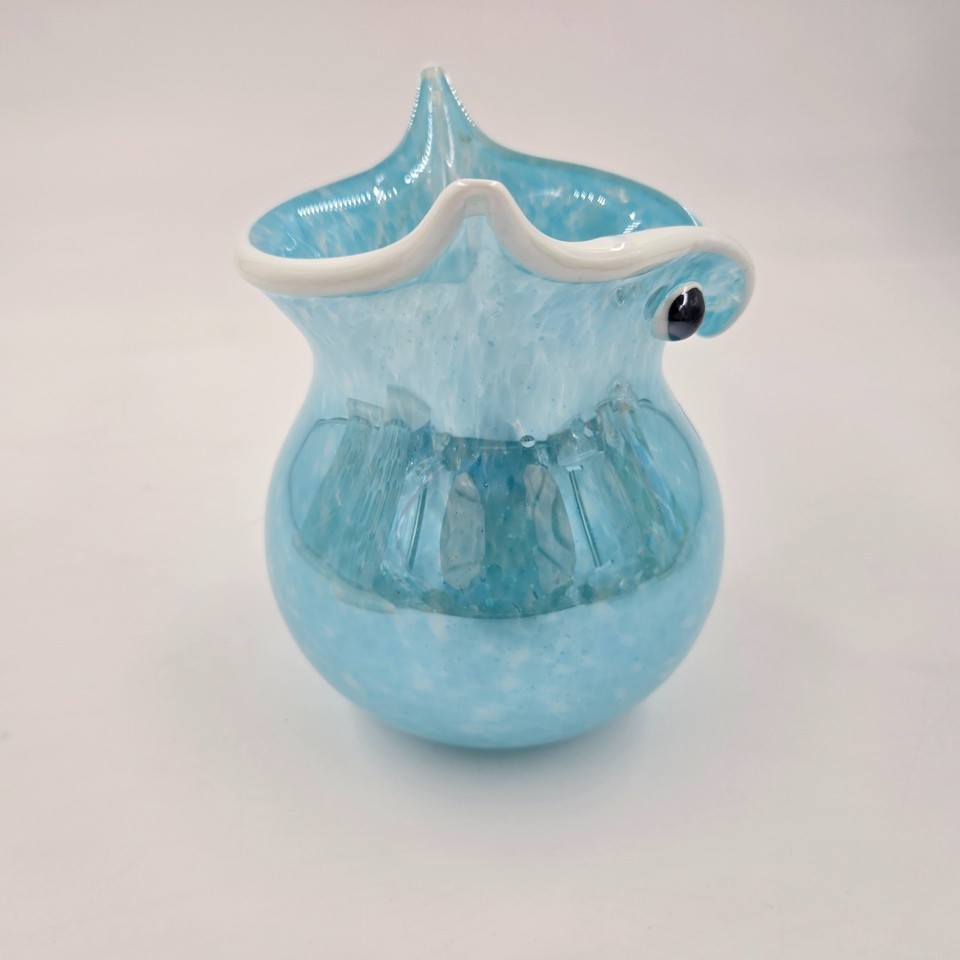 VTG MCM Murano Art Glass Hand Blown Blue Owl Vase Attached Eye White ...