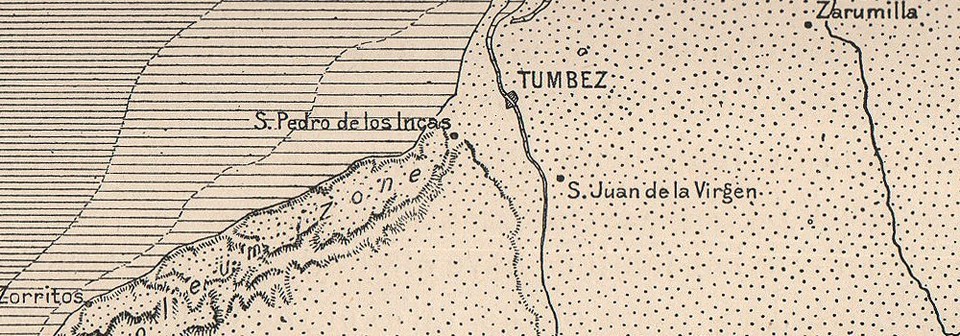 Tumbez/Tumbes and its deserts. Peru 1885 old antique vintage map plan ...
