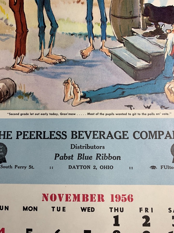 1956 Pabst Beer Calendar Page Sign Dayton Ohio Paul Webb Mountain ...
