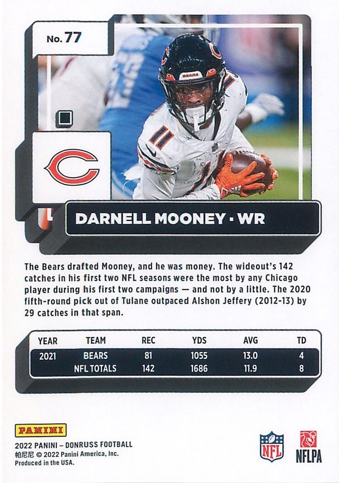 Darnell Mooney 2022 Panini Donruss Football NFL Base Card #77 Chicago ...