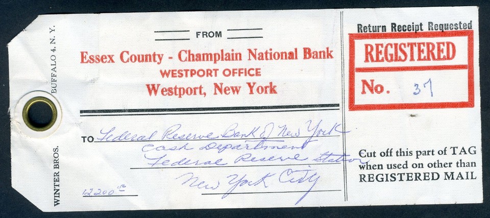 Federal Reserve Registered Return Receipt Bank tag, Westport, NY , 1964 ...