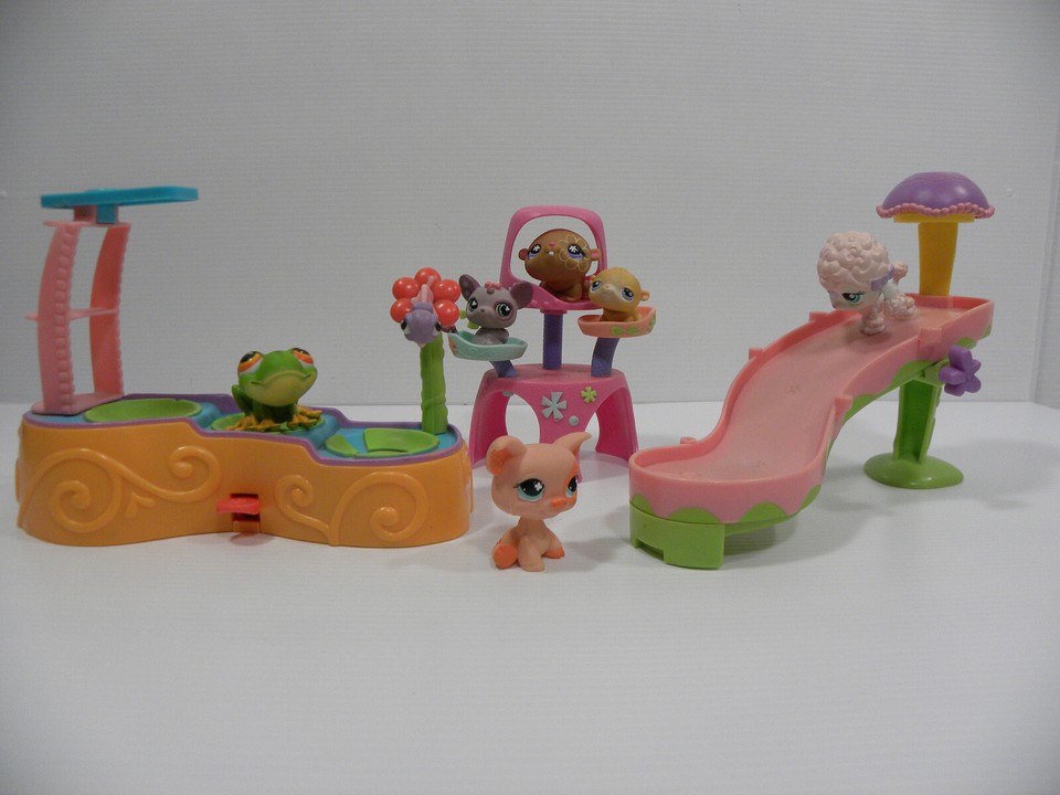 Littlest Pet Shop Lot; Park Slide, Pool, Cat Tower With 6 Figures | eBay