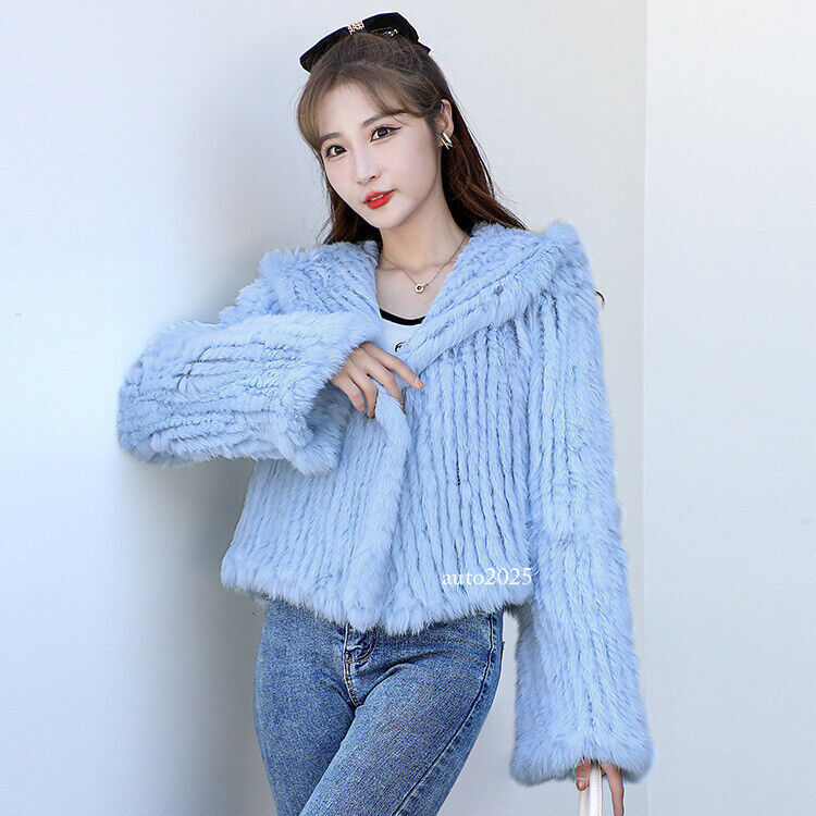 Women's Real Rabbit Fur Coat Fur Jacket Loose Manual Weave Hooded Flare ...