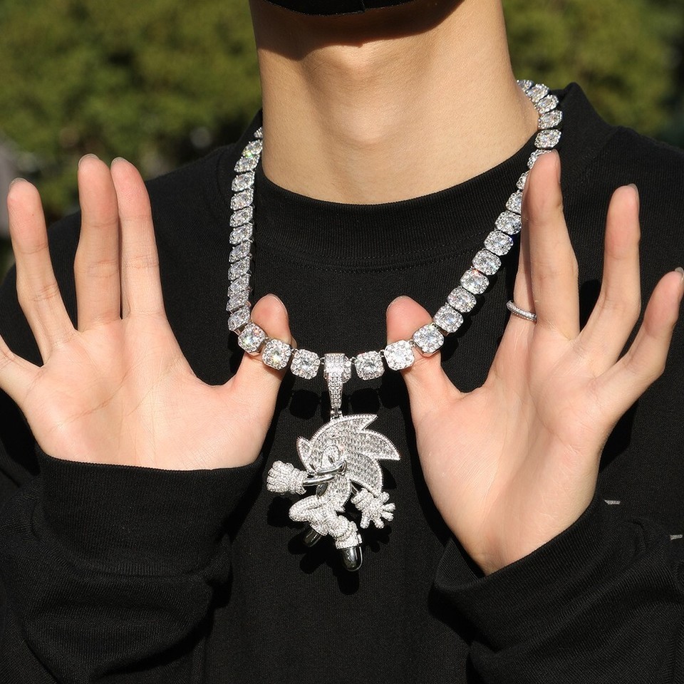 Hip Hop Brass Pendant Necklace with CZ - Sonic the Hedgehog Iced Out ...