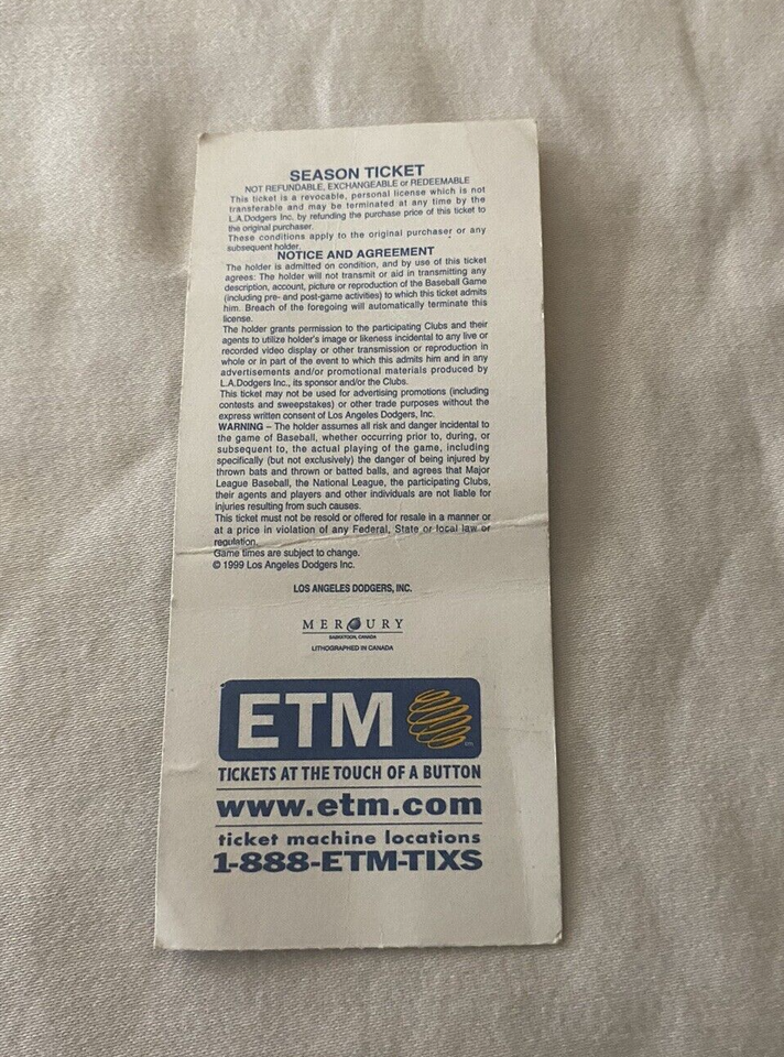 April 6 1999 Used LA Dodgers VS D Backs Game Season Ticket Stub Vintage ...