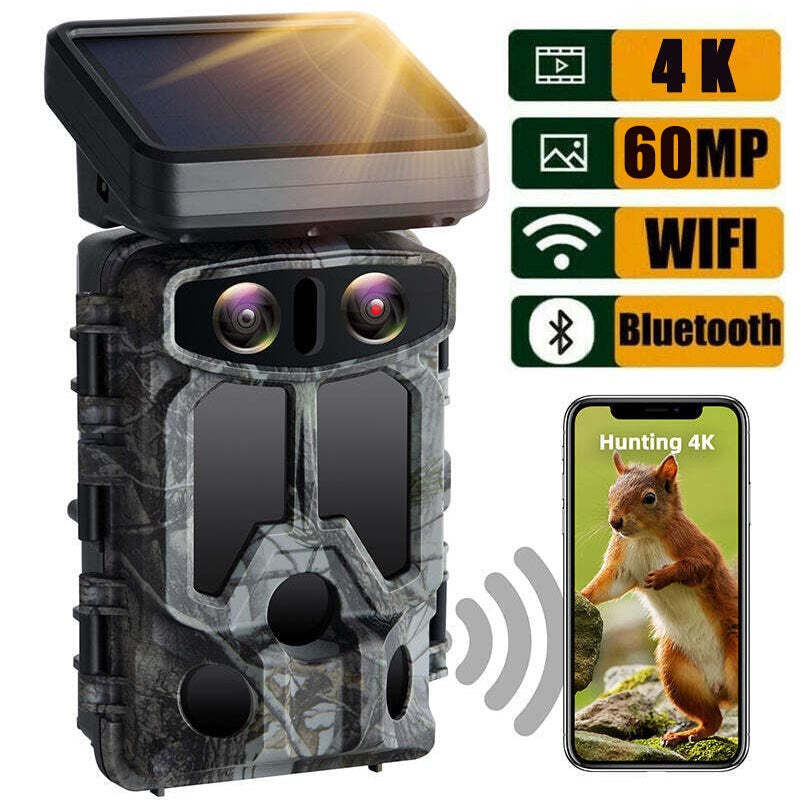 Solar Power WiFi 4K UHD Trail Camera Dual lens 60MP Hunting Game ...