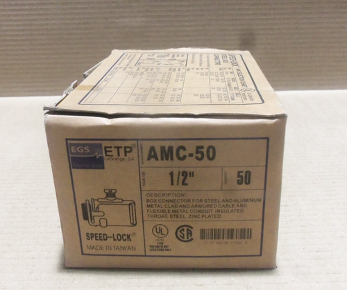 NEW BOX OF 50 EGS AMC-50 1/2" SPEED-LOCK BOX CONNECTOR STEEL CABLE ...