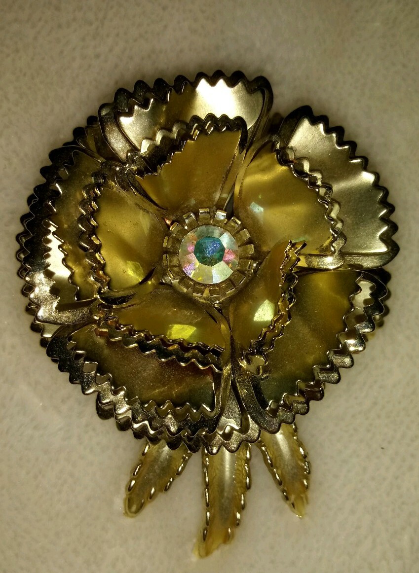 VINTAGE LARGE RAISED/3D FLOWER BROOCH/ PIN AB RHINEST… - Gem