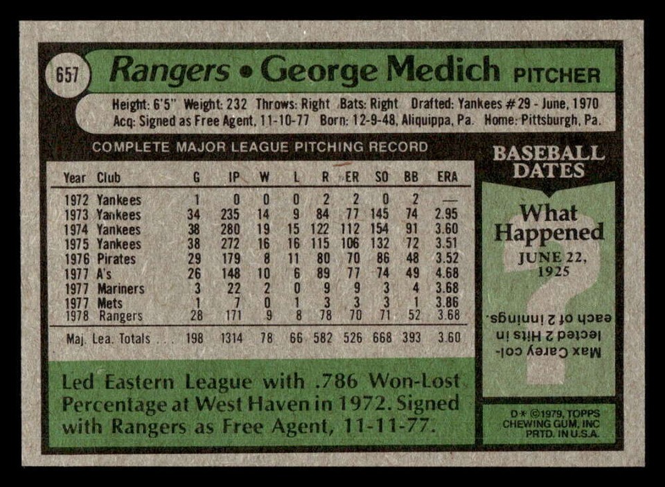 1979 TOPPS DOC MEDICH TEXAS RANGERS #657 NM-MT X7357 | eBay