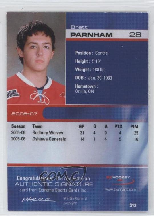 2006-07 Extreme Oshawa Generals Signatures /225 Brett Parnham #S13 Auto ...