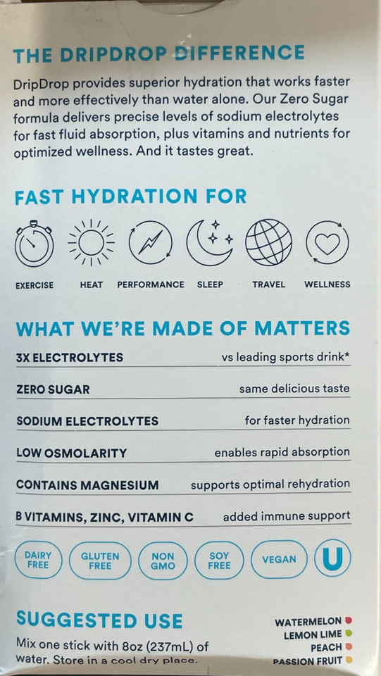DripDrop Sugar-Free Hydration Packets - Zero Variety Pack (64 Sticks ...