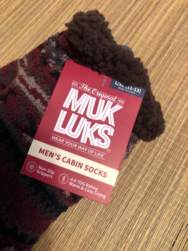 MUK LUKS mens cabin socks slippers rust and black l/xl GRIPPER BOTTOMS ...