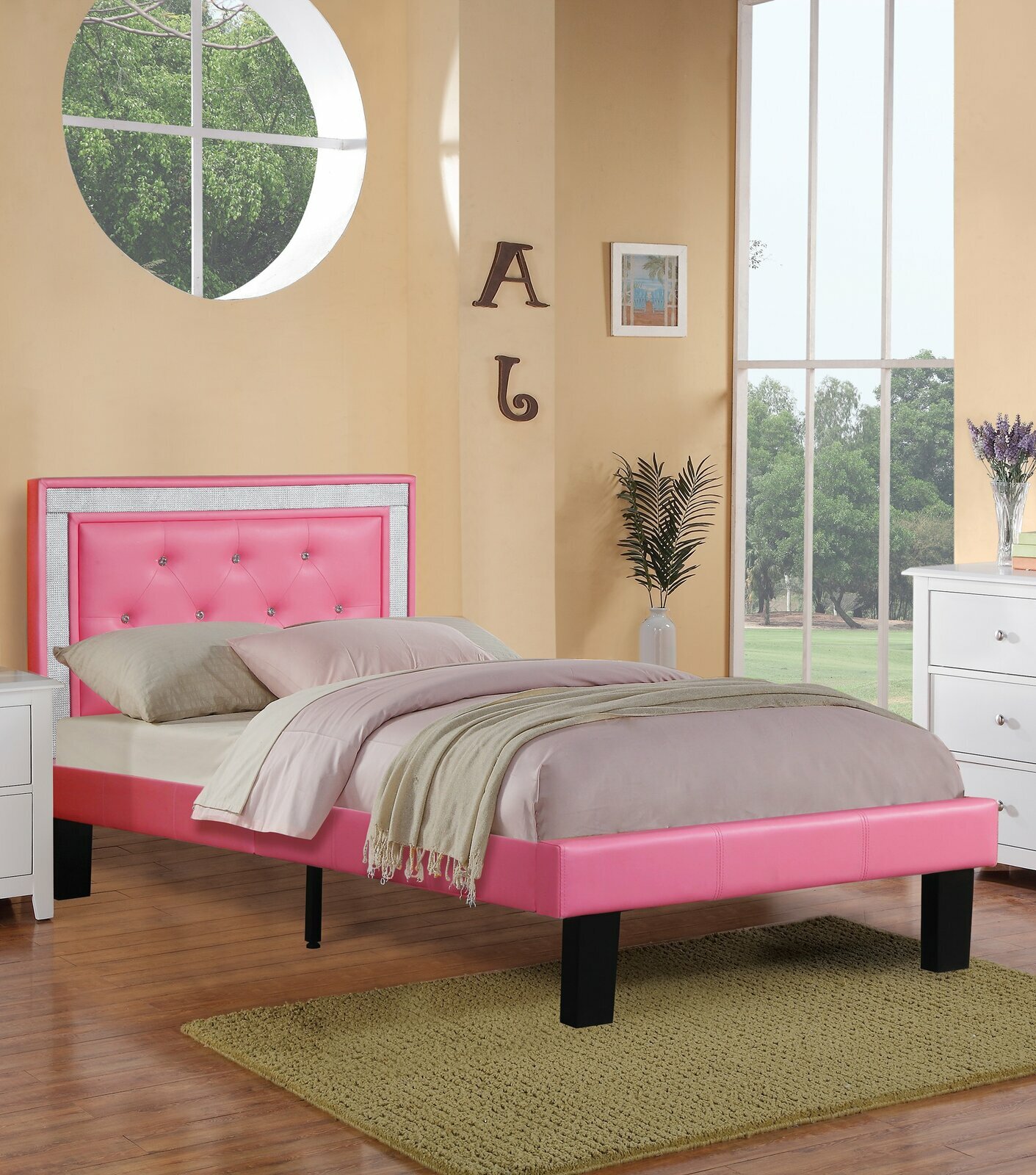 Twin Pink Upholstered Platform Bed Frame Faux Leather Crystal Button ...