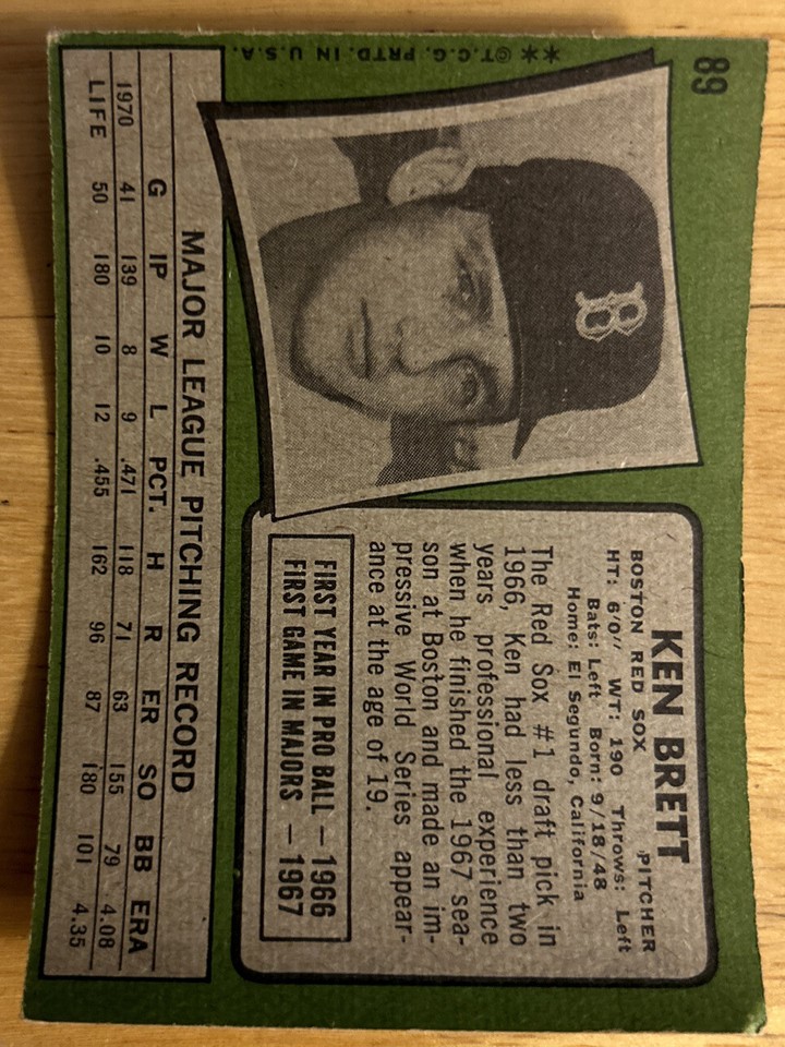 1971 Topps Ken Brett Baseball Card #89 Red Sox Pitcher Low-Grade Poor ...