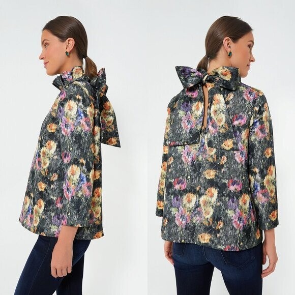 Tuckernuck NEW Midnight Primrose Jacquard Preppy Floral Bow Blouse Size ...