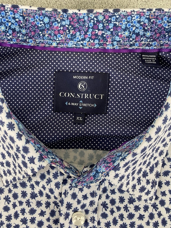 Construct 4 Way Stretch Men’s L. Button Up Shirt Blue White Modern Fit ...