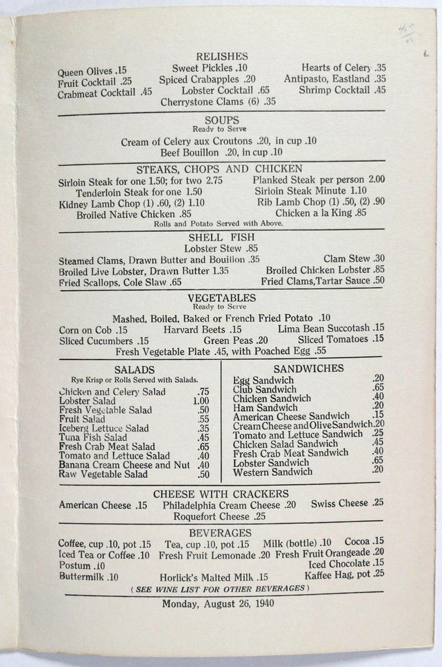 1940 Vintage Menu Skenkstuen DANISH TEA ROOM THE EASTLAND HOTEL ...