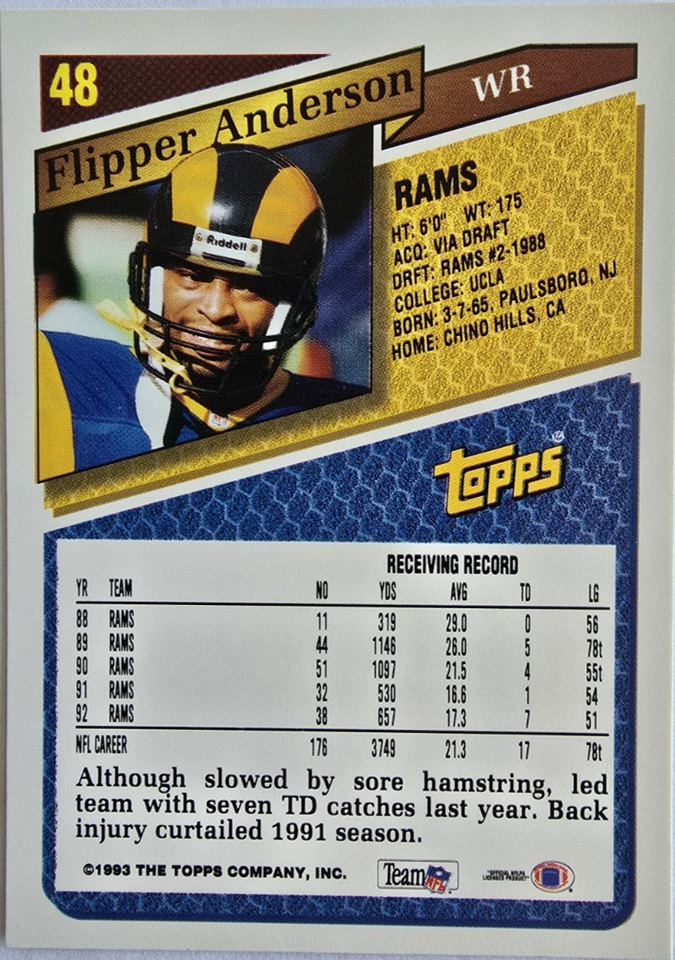 Flipper Anderson, 1993 Topps, Los Angeles Rams, Wide Receiver, Card ...