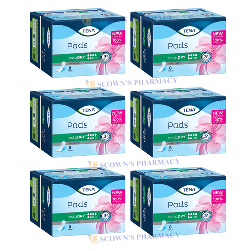 6 x TENA Pads InstaDRY Long Length Maximum Security & Comfort 8 Pack ...