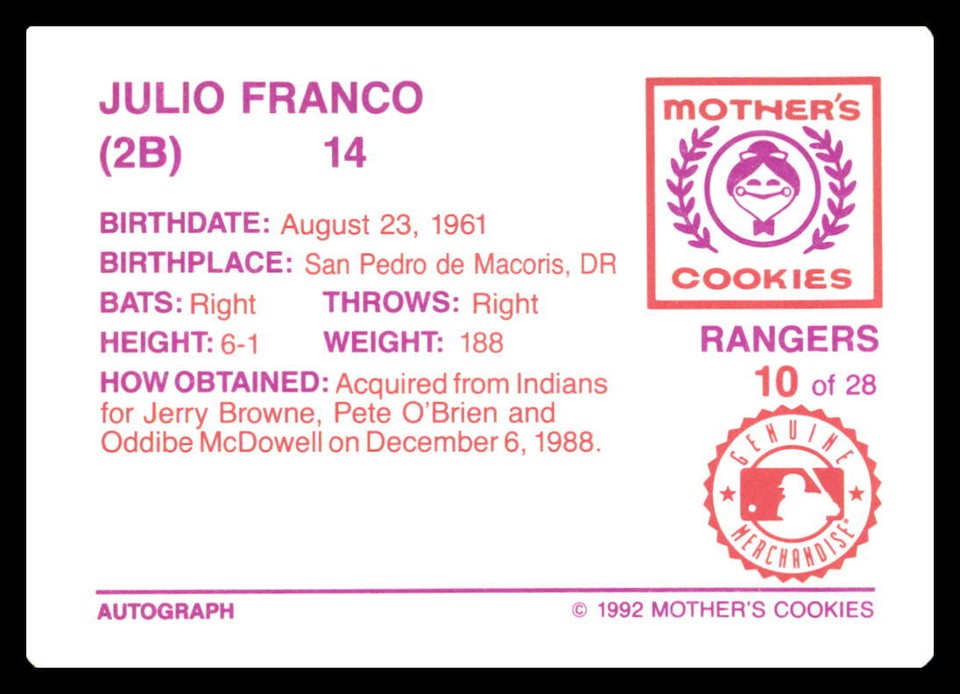 1992 Mother's Cookies Texas Rangers #10 Julio Franco | eBay