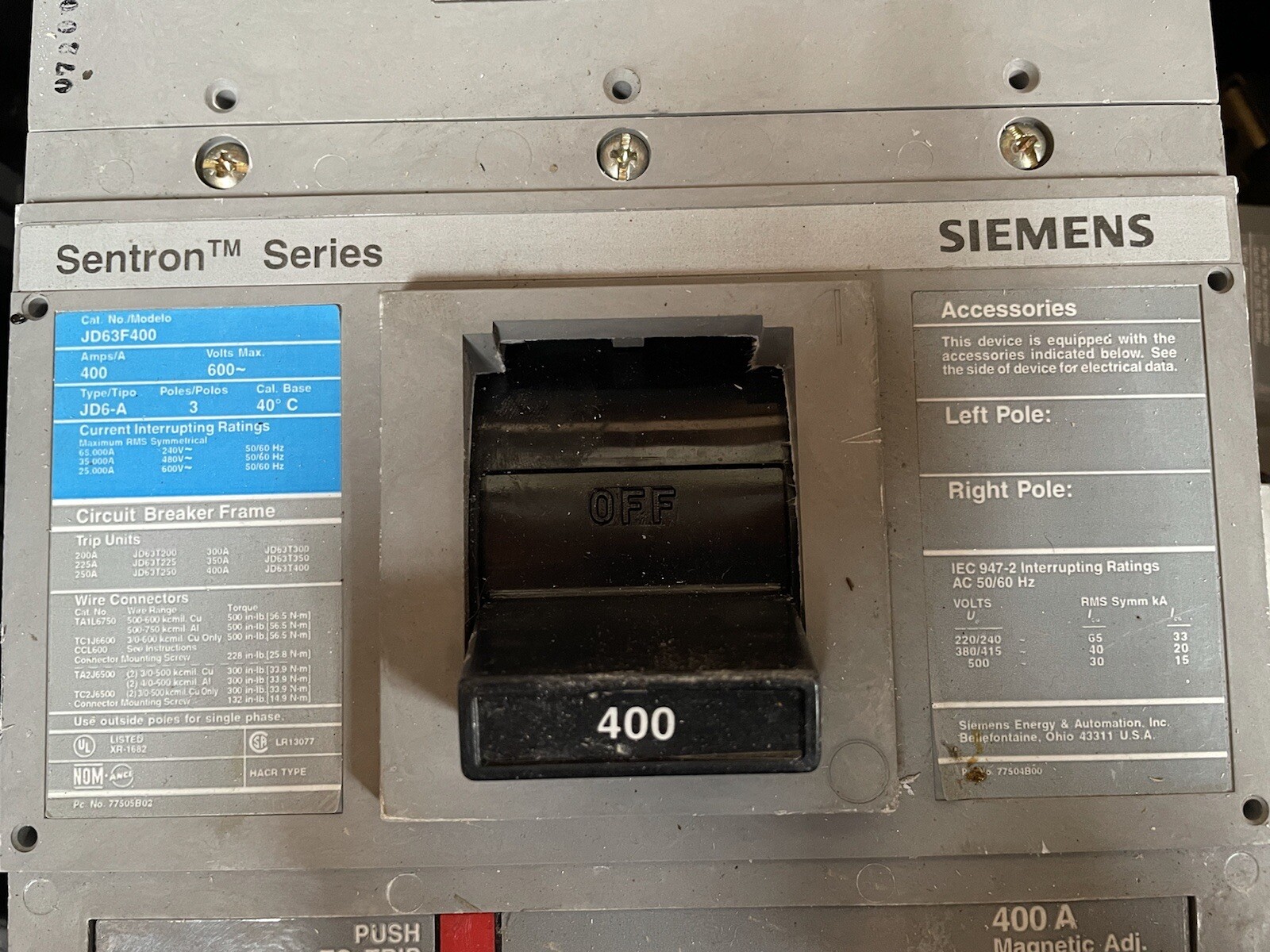Siemens Sentron Series JD63F400 Circuit Breaker 400A 600V | eBay