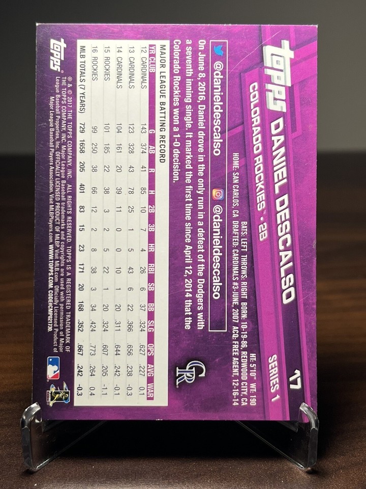 Daniel Descalso Signed Autographed 2017 Topps Baseball Card #17 Rockies ...