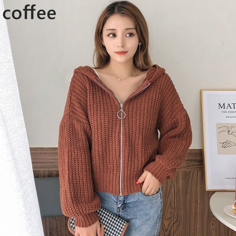 Lady Short Sweater Jacket Hooded Coat Knit Tops Hoodie Zipper Plain ...