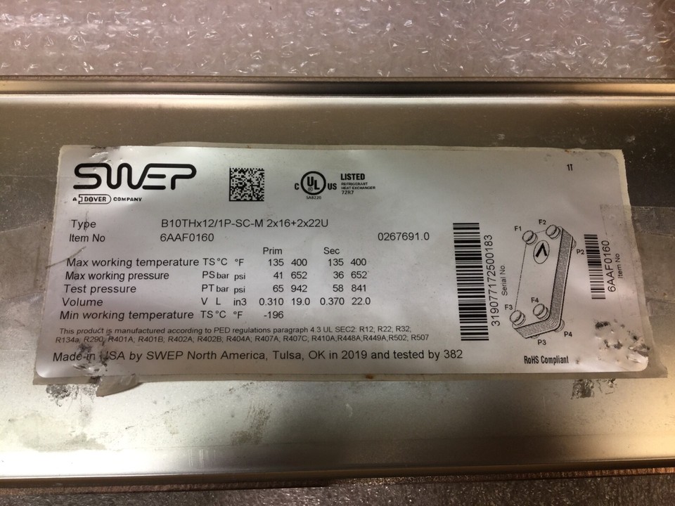 SWEP B10THX12/1P-SC-M REFRIGERANT HEAT EXCHANGER 652 PSI MAX PRESSURE ...