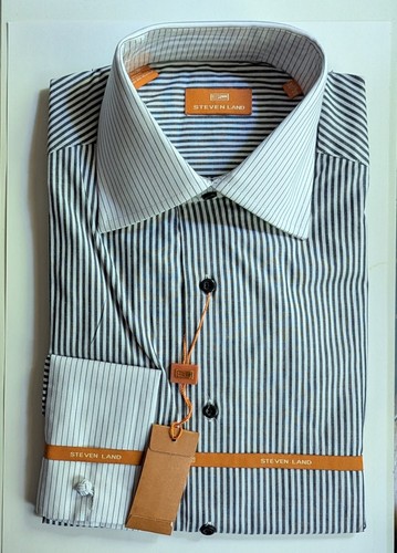 Steven Land, Reg Fit, French Cuff, Grey/White Pinstripe Dress Shirt 15 ...