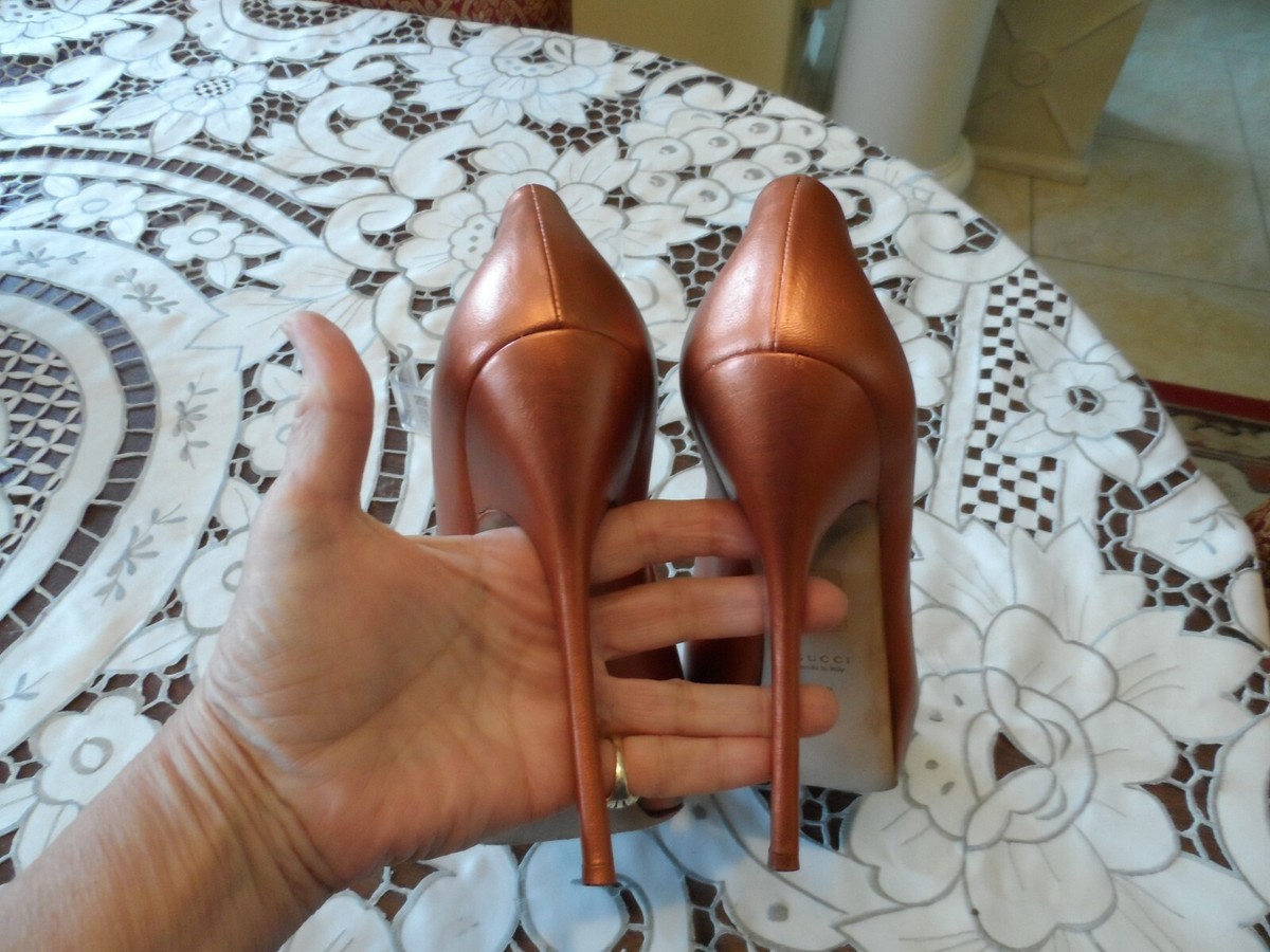 Gucci Metallic Copper Leather Peep Toe Platform Pumps Size Gucci Metallic Copper Leather Peep Toe Platform Pumps Size