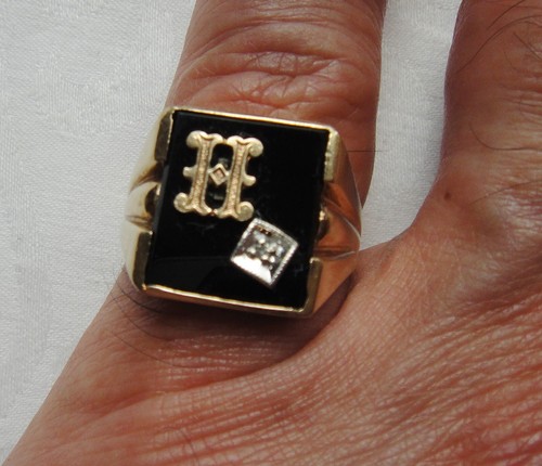 Vintage Men's 10K Gold Onyx Signet Initial Letter H Ring with Diamond ...