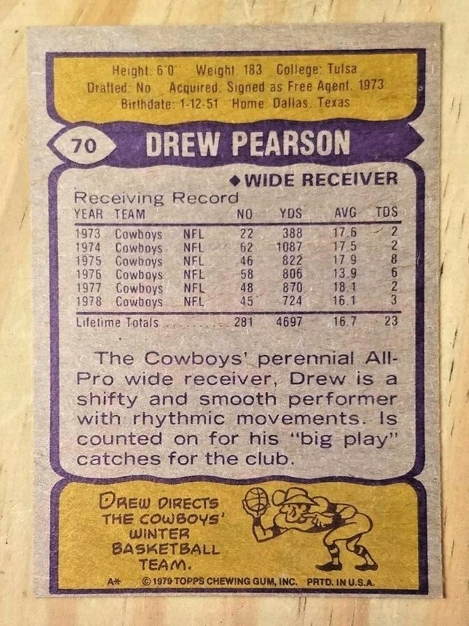1979 TOPPS DREW PEARSON CARD#70 DALLAS COWBOYS TULSA GOLDEN HURRICANE ...