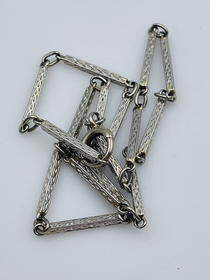 Antique Art Deco 14k White Gold Ornate Bar Link Chain Necklace 15" 13.9 ...