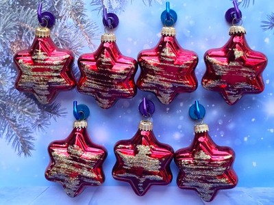SET 7 Vintage West Germany Red Glass Christmas Star Ornaments Gold ...