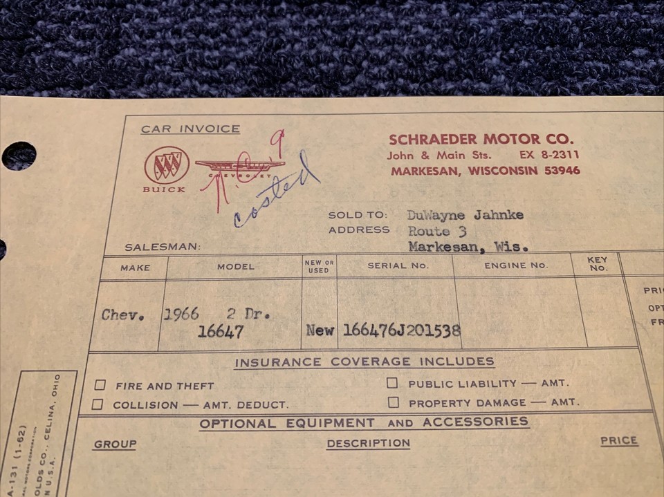 Vtg 1966 Chevrolet New Auto Dealer Sales Receipt Car Dealership Invoice ...