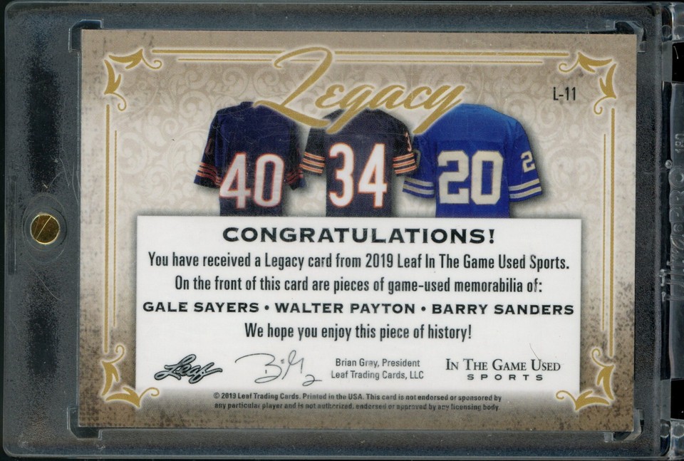 2019 Leaf Gale Sayers/Walter Payton/Barry Sanders Triple Game-Used ...