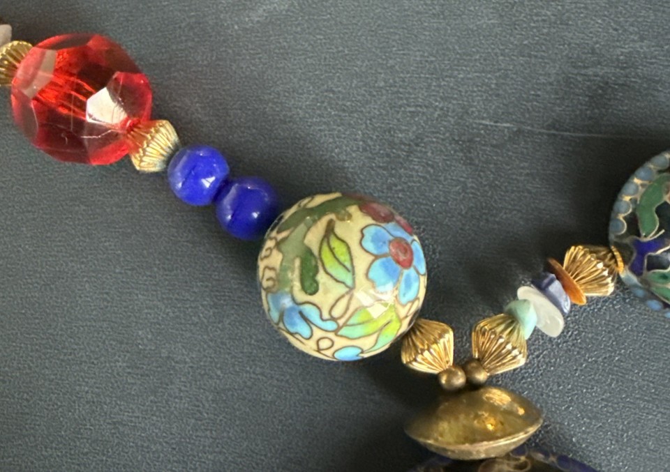 Heavy Vintage Chinese Cloisonne Enamel Jade Cinnabar Quartz Bead ...