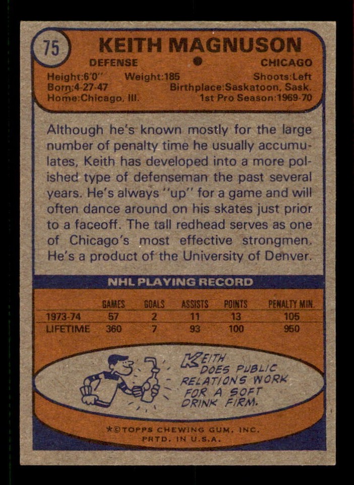 1974 Topps Hockey #75 Keith Magnuson EX | eBay