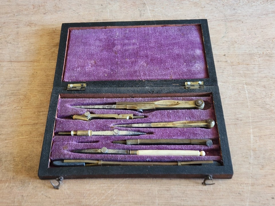 Drawing Drafting Compass Set Wood Box 7 Pc Vtg Antique Architect ...