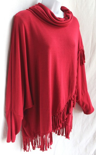 PREMISE Red Fun Funky Fringed Sweater 2X Wraps Long Sleeve Cowl Neck ...