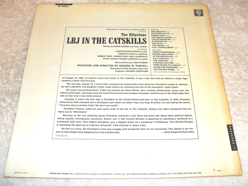 Gerard W. Purcell Associates "LBJ In The Catskills" 1966 LP, Nice NM ...