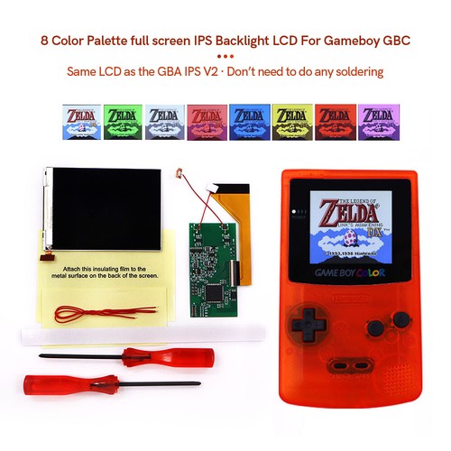 8Color Full Size GameBoy Color GBC IPS Backlight LCD Screen Kit+Pre-cut ...