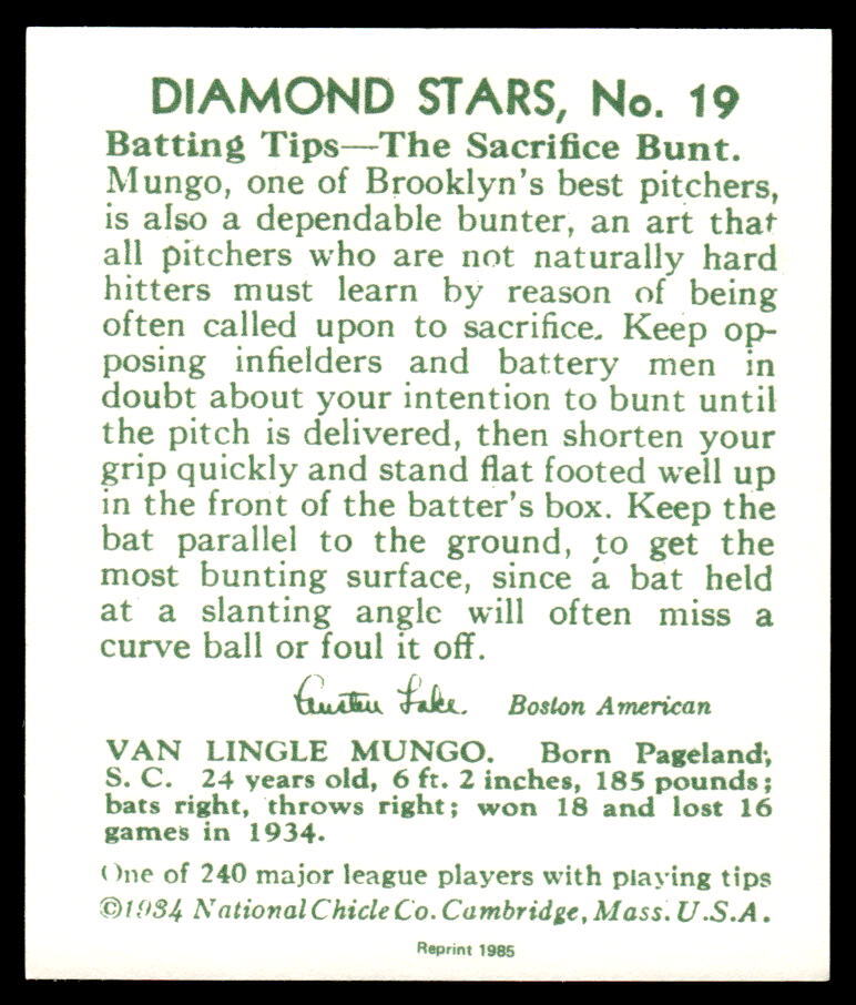 1985 1934-36 Chicle Diamond Stars Reprints 19 Van Mungo Brooklyn | eBay