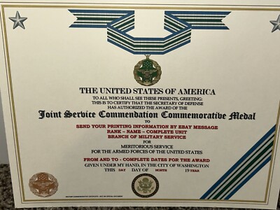 JOINT SERVICE COMMENDATION MEDAL COMMEMORATIVE CERTIFICATE ~TYPE-2 w ...