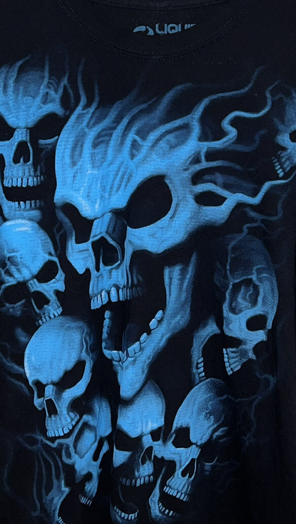 Liquid Blue Flaming Blue Ghost Skulls Black Graphic T… - Gem