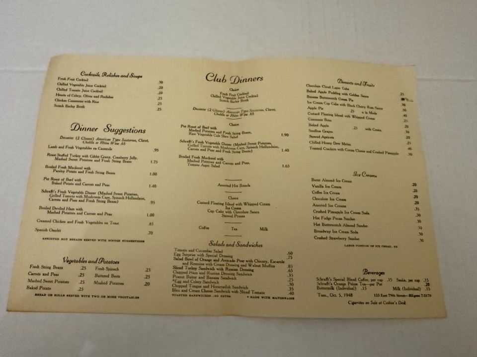 Vintage 1950's Schrafft's Restaurant Dinner Menu New York City New York ...