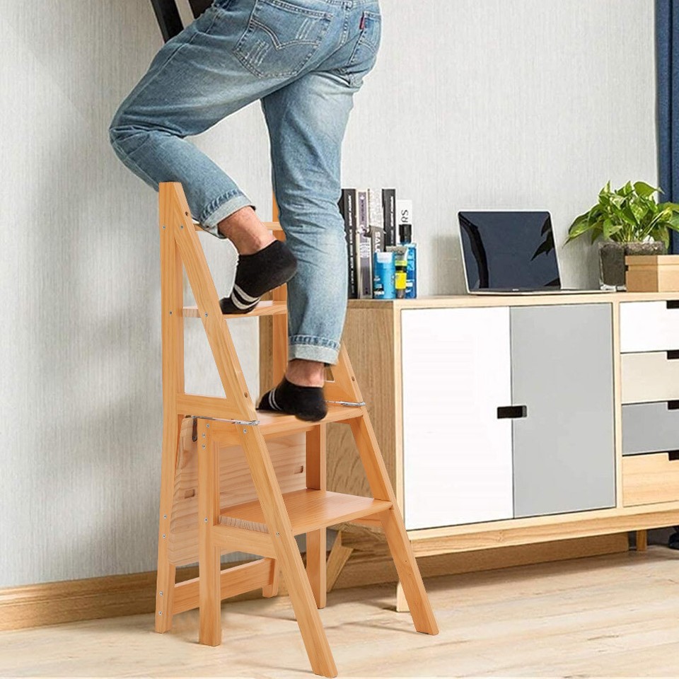 3 in 1 Step Ladder Chair Home Office Display Stand Library Ladder ...
